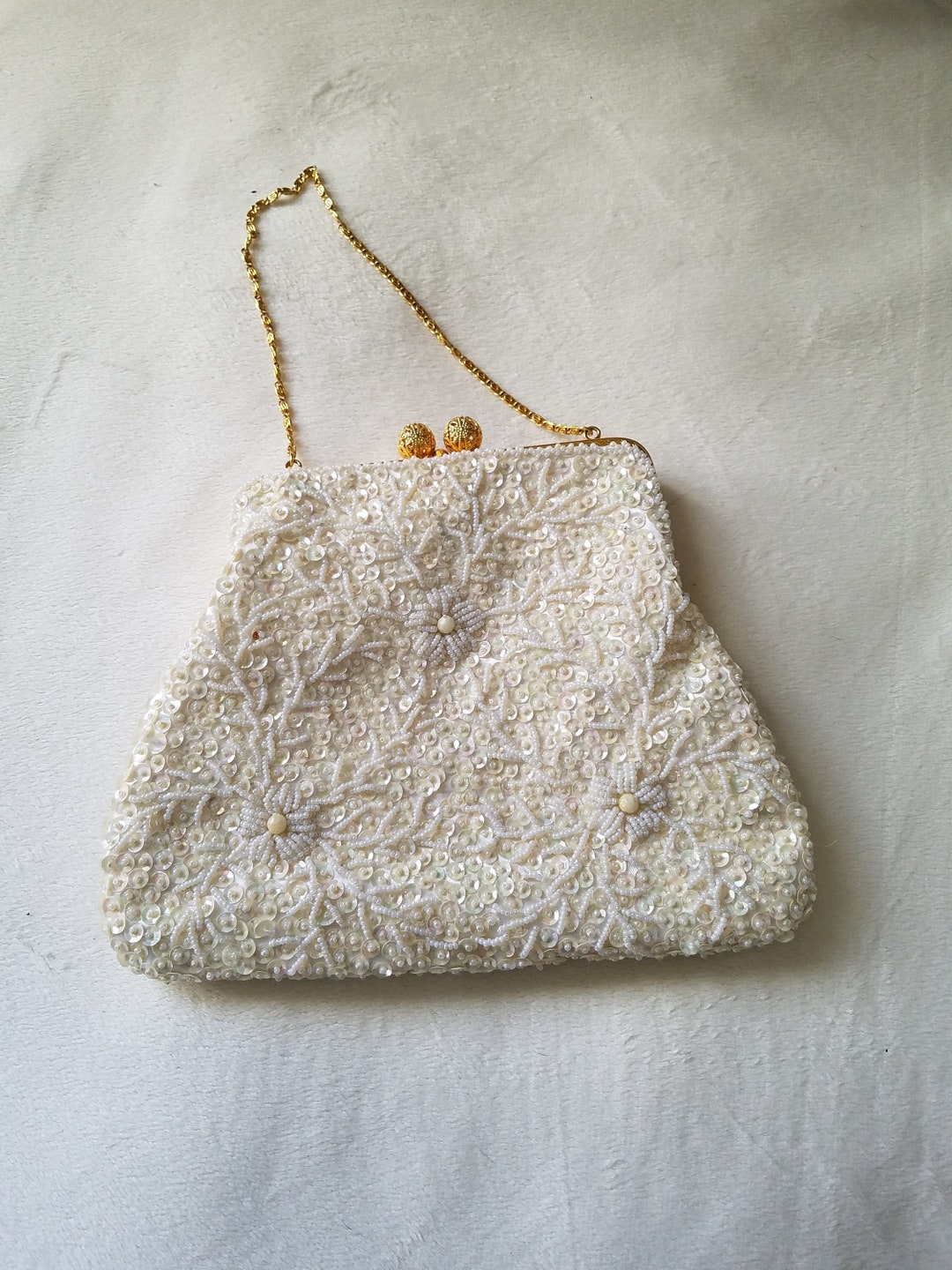 Vtg. "dena of Dallas" Beaded Wedding Cream Handbag W/ Gold Ornate Kiss ...