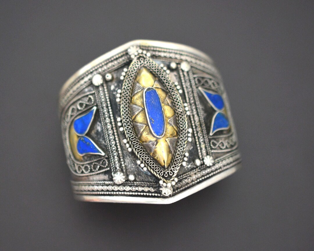 Vintage Kazakh Silver Gilded Lapis Lazuli Cuff Bracelet - Central Asian ...