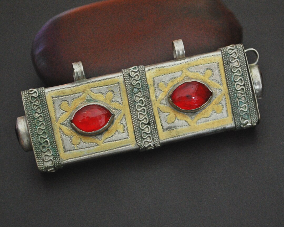 Turkmen Gilded Box Pendant With Red Glass - Turkmen Tekke Gilded Amulet ...