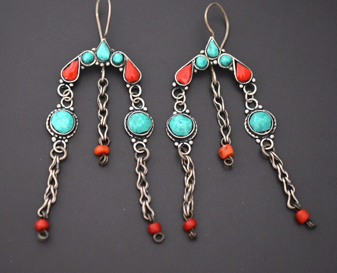 Long Uzbek Glass Stones Earrings - Central Asian Earrings - Tribal ...