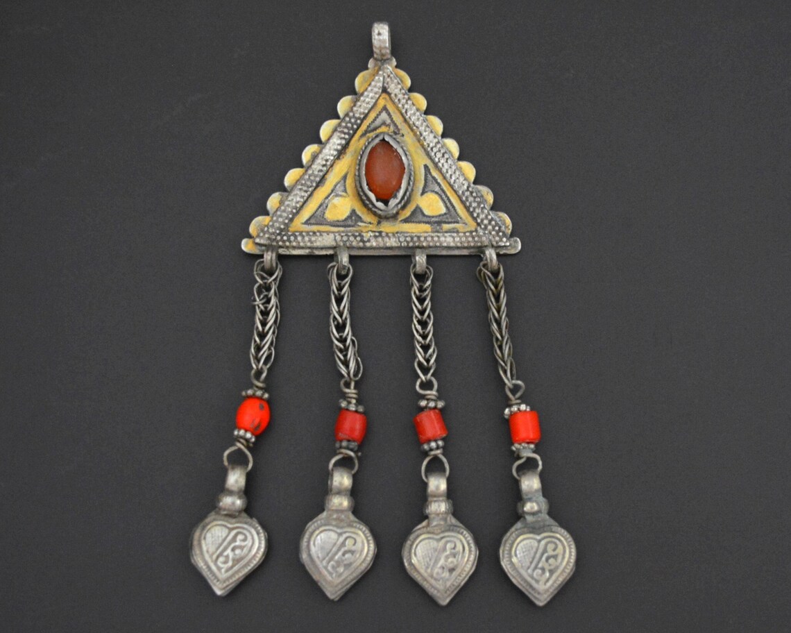 Turkmen Gilded Silver Carnelian and Glass Pendant - Turkmen Tekke ...