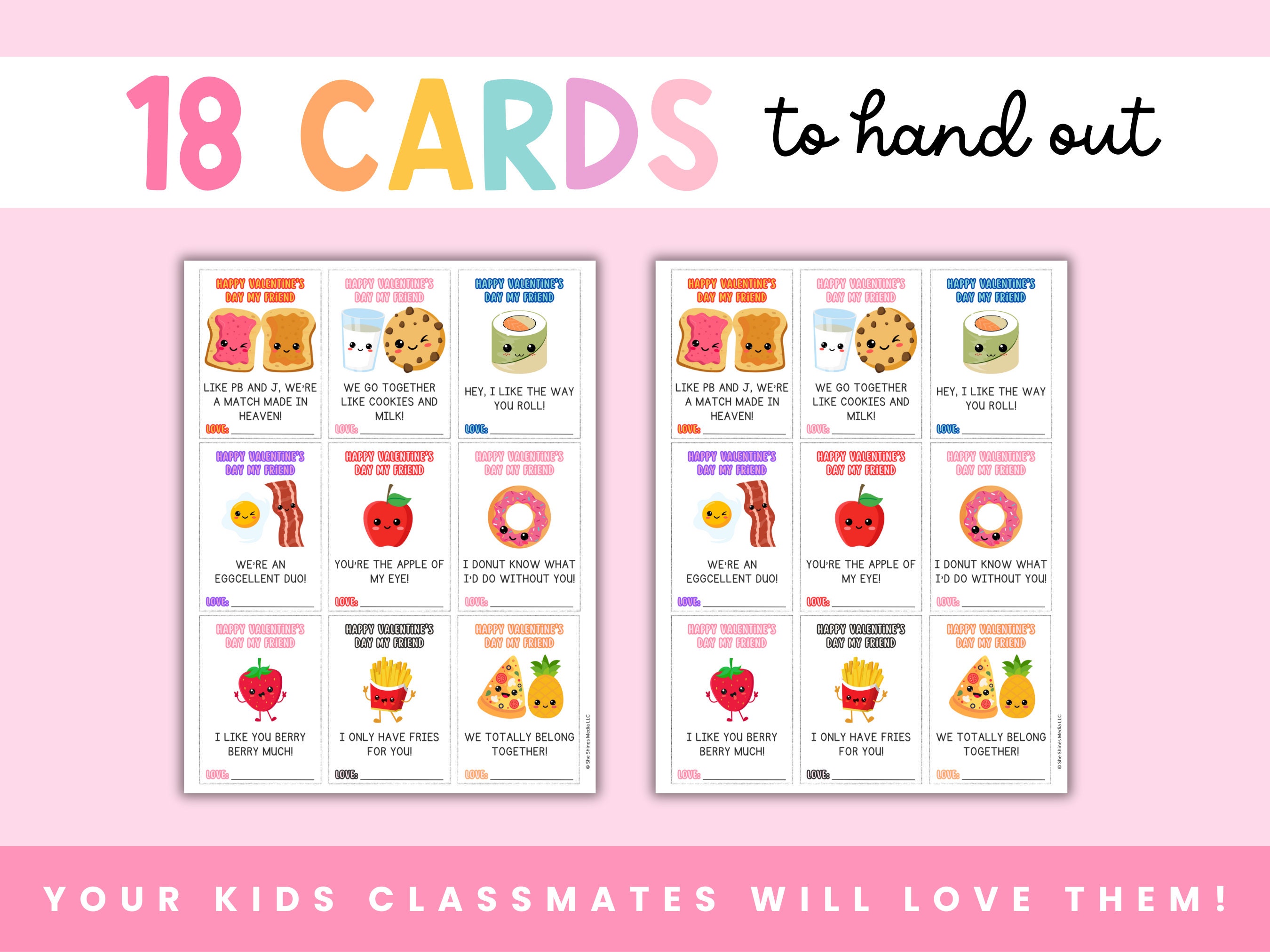 Printable Cute Food Valentine Cards for Kids, Kids Valentines Cards ...