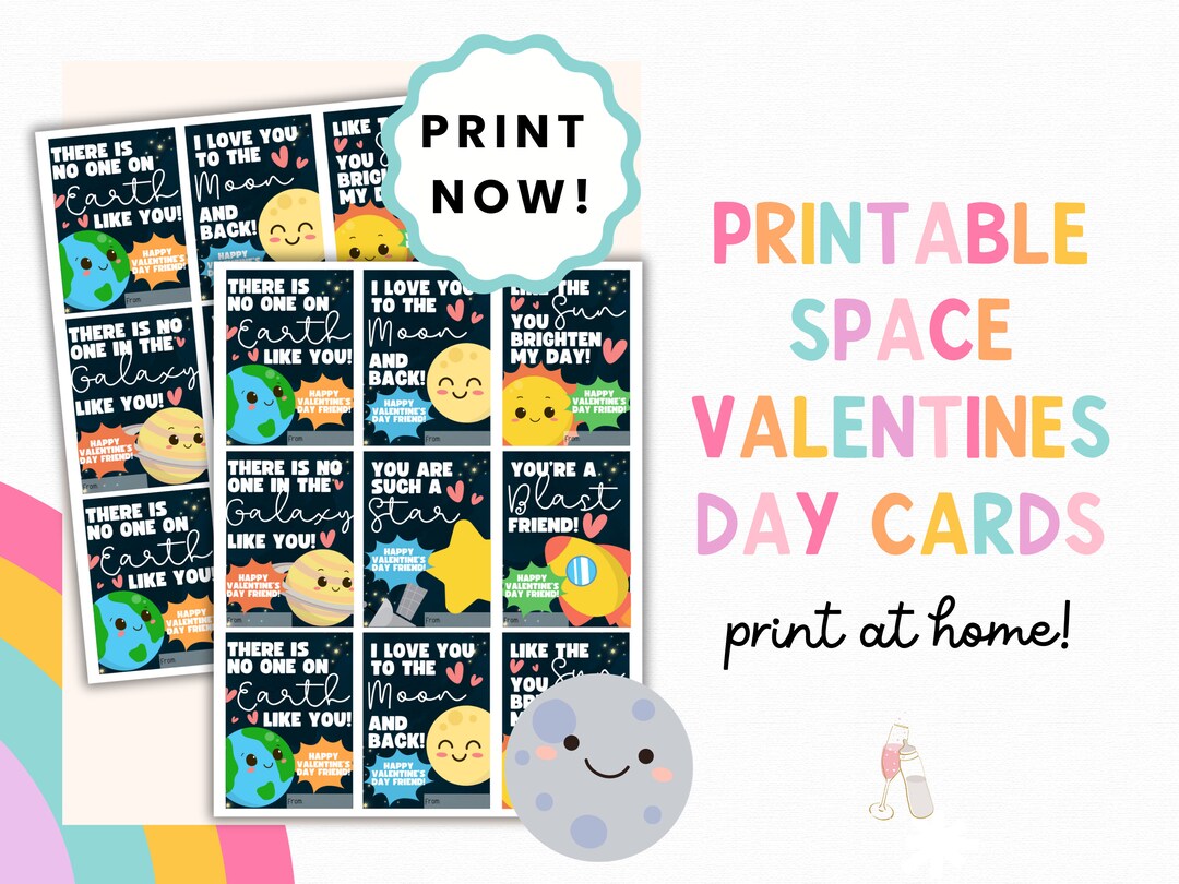 Printable Space Themed Valentine Cards for Kids, Planet Valentines Day ...