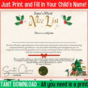Santa's Nice List Certificate Instant Download Santa Approved Printable ...