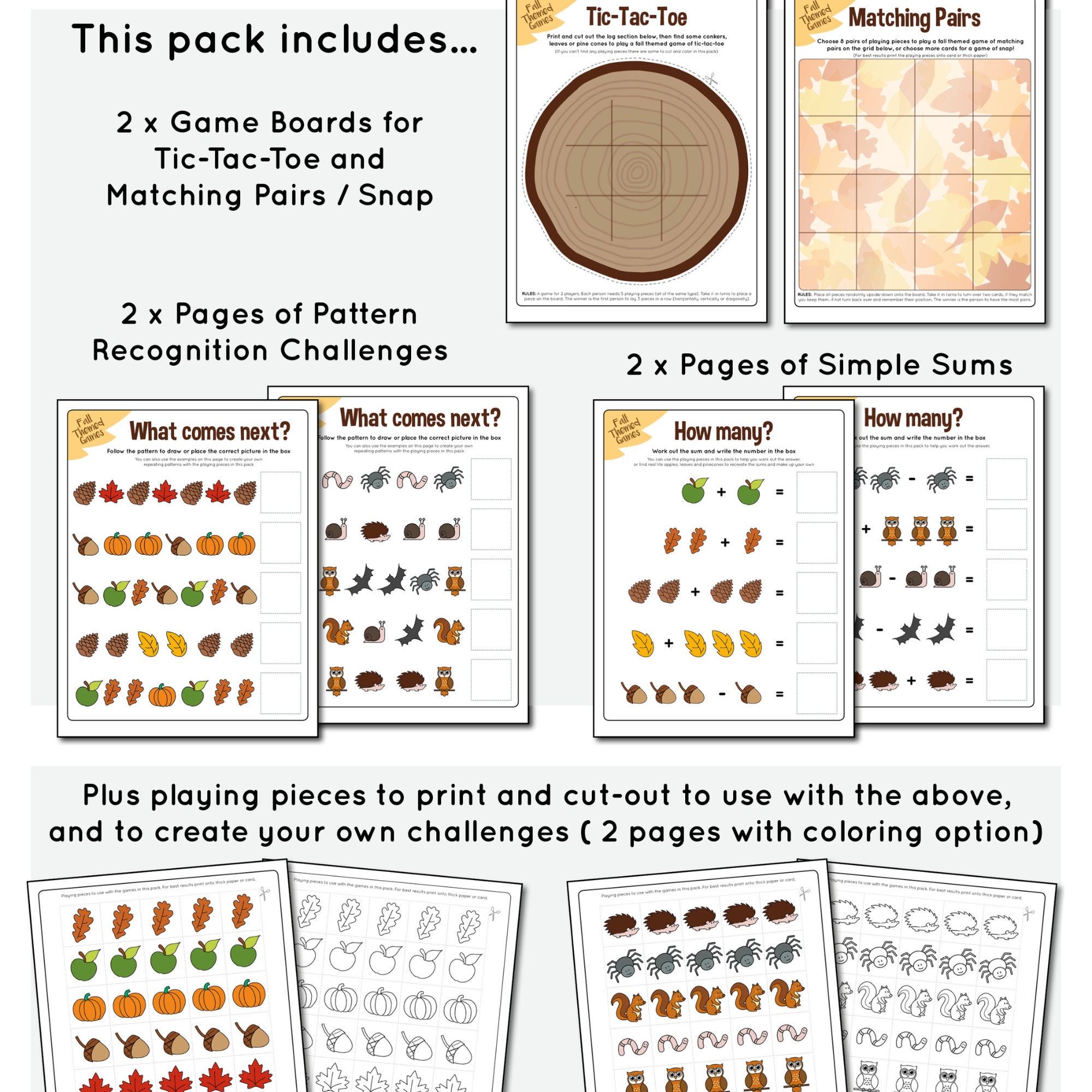 Fall Themed Printable Games Pack Kids Tic-tac-toe Braingames - Etsy