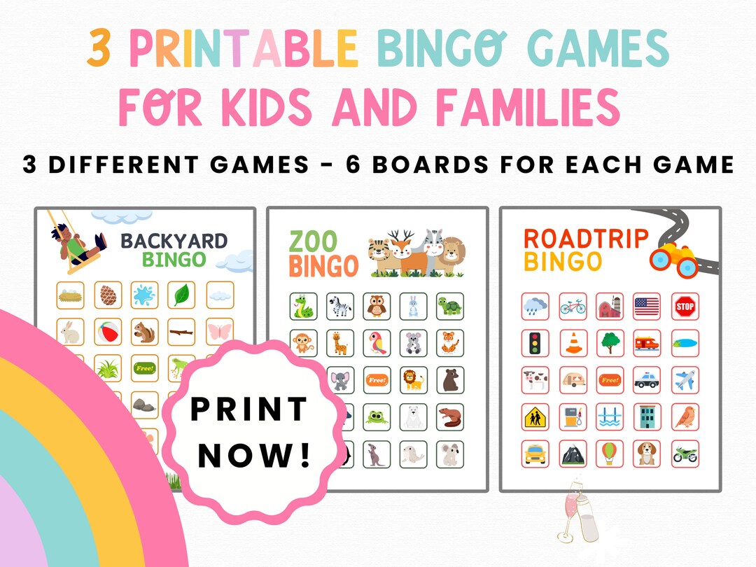 Printable Kids Bingo Games Bundle, Backyard Bingo, Zoo Bingo, Road Trip ...