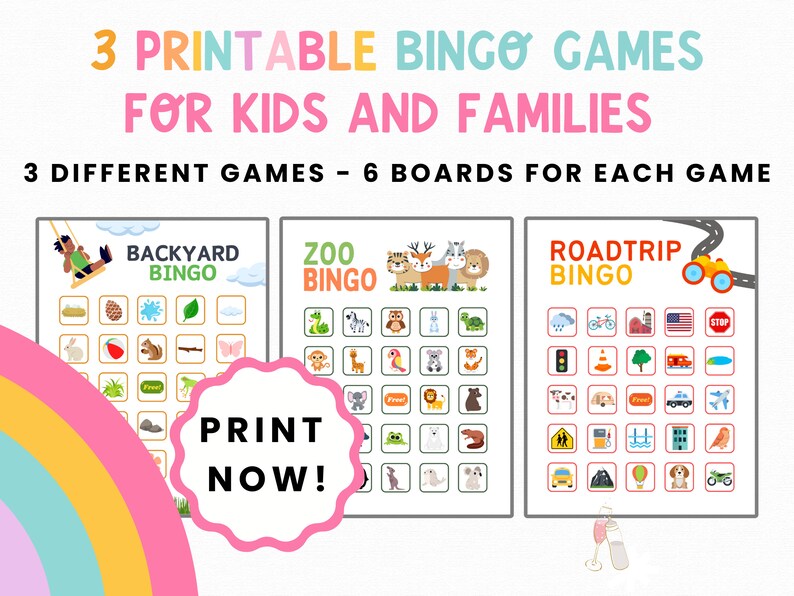 Printable Kids Bingo Games Bundle, Backyard Bingo, Zoo Bingo, Road Trip ...