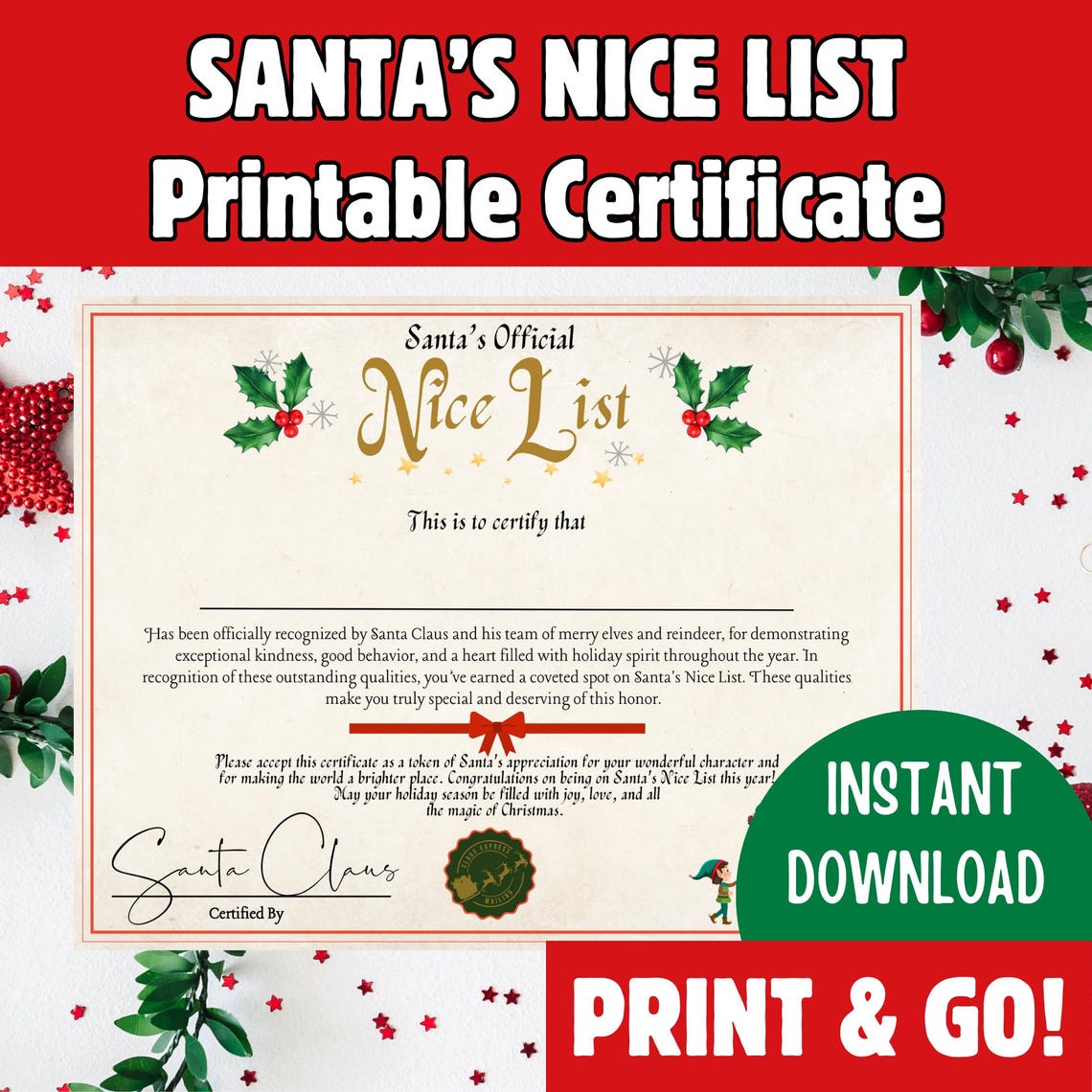 Santa's Nice List Certificate Instant Download Santa Approved Printable ...