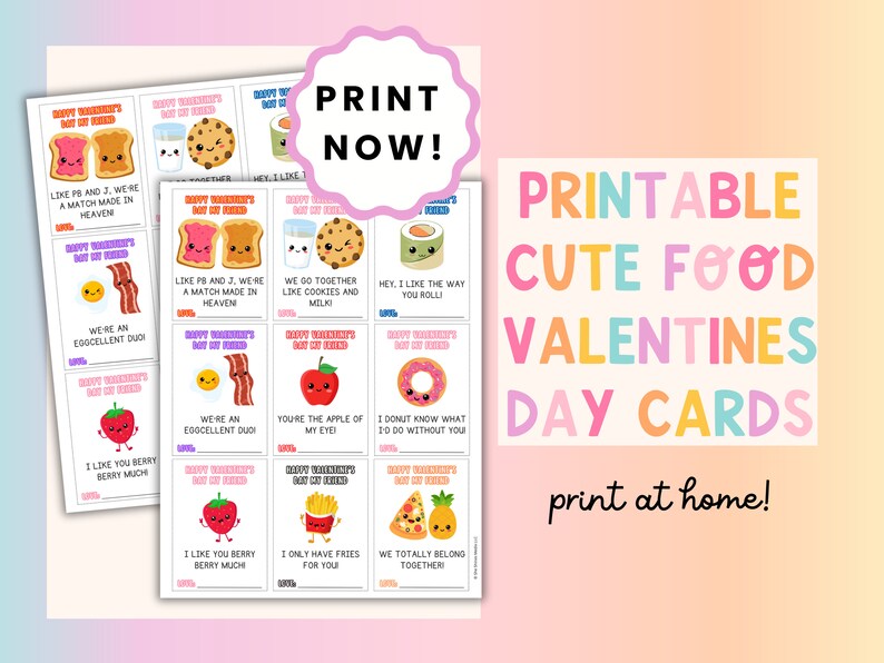 Printable Cute Food Valentine Cards for Kids, Kids Valentines Cards ...