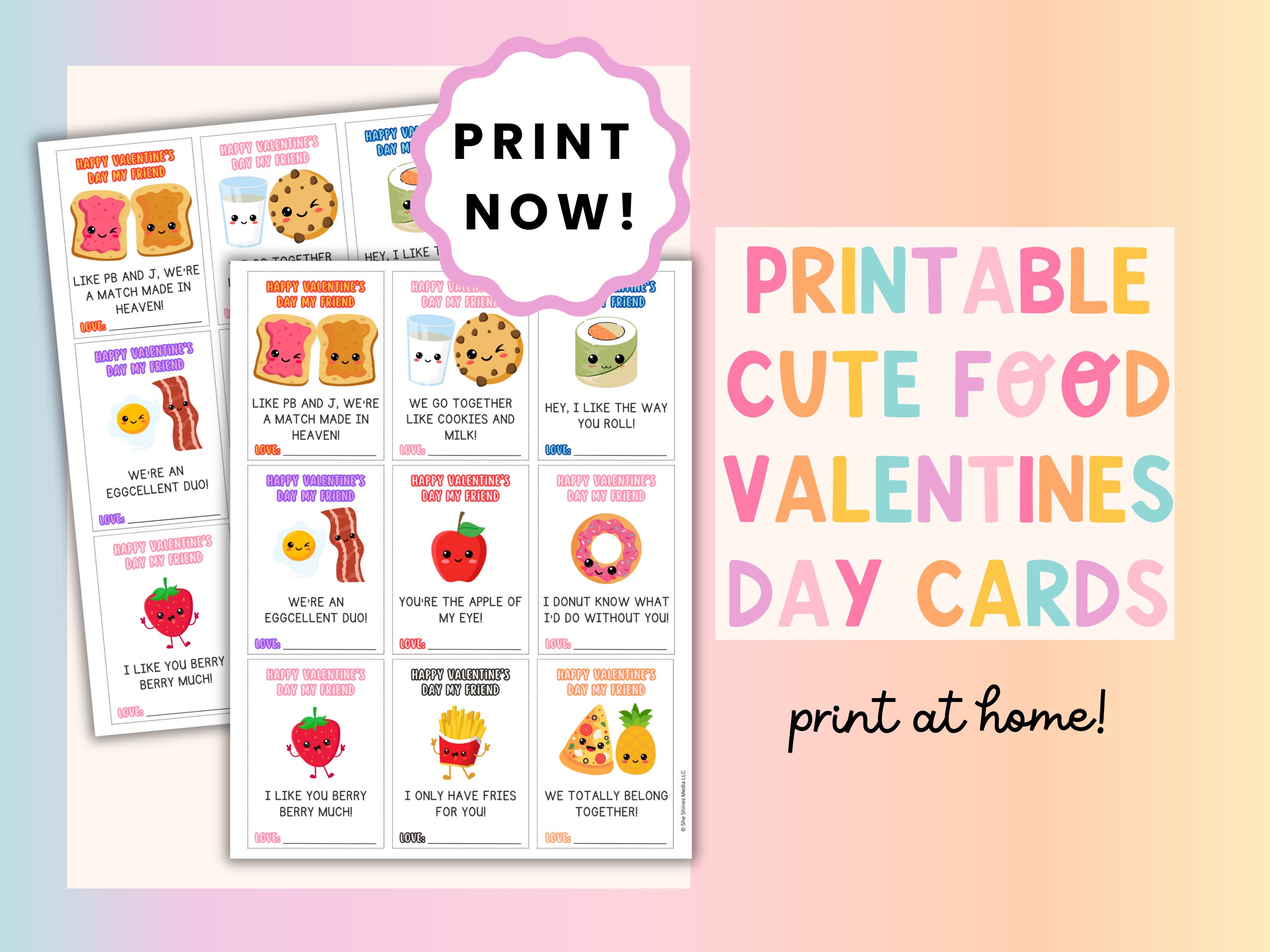 Printable Cute Food Valentine Cards for Kids, Kids Valentines Cards ...