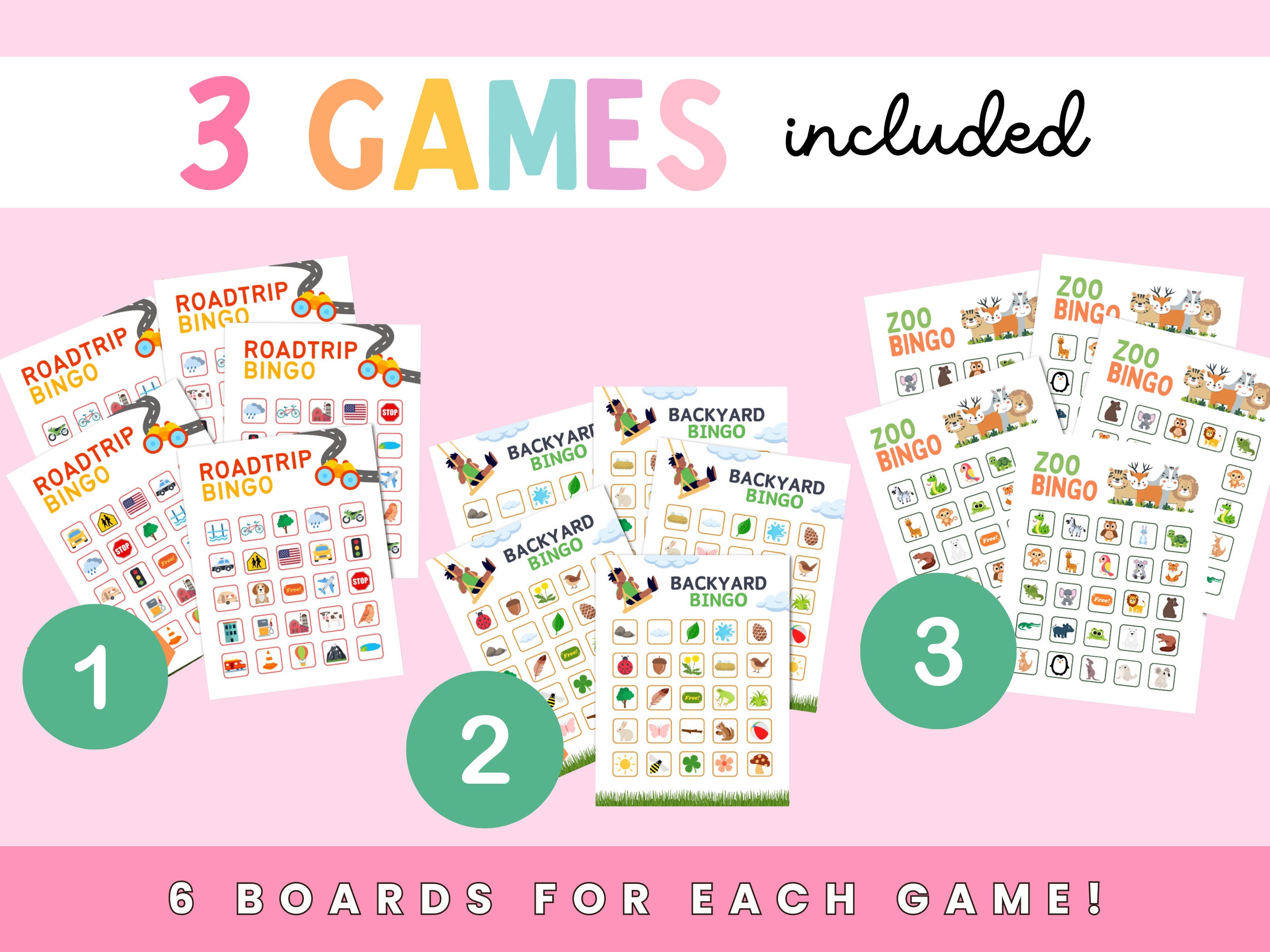 Printable Kids Bingo Games Bundle, Backyard Bingo, Zoo Bingo, Road Trip ...