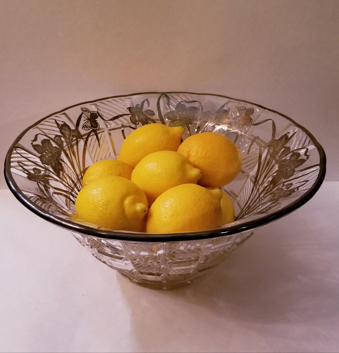 Checkered Glass Bowl Art Nouveau Sterling Silver Inlay Irises ...