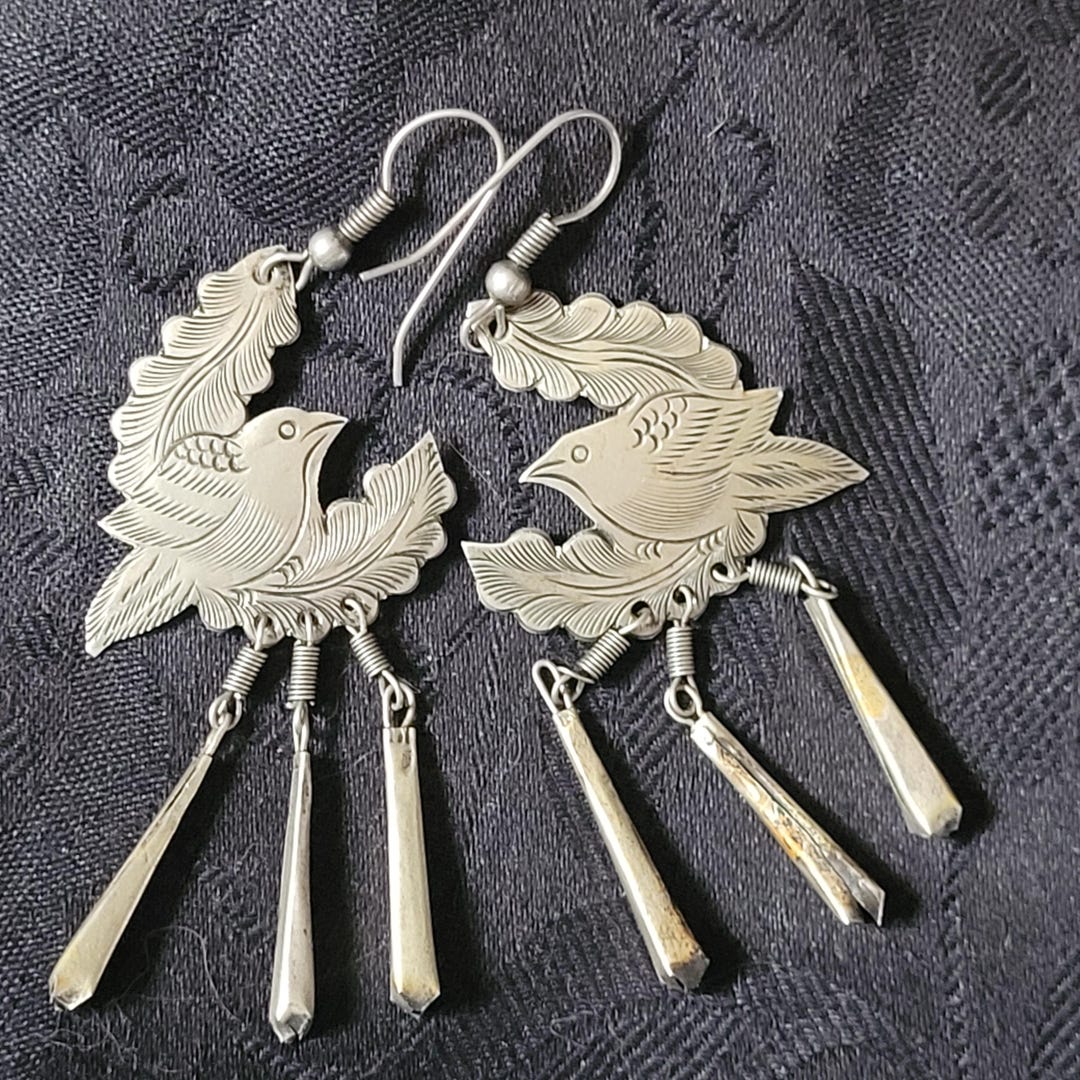 Earrings Thai Tribal Folk Art Hand Made Engraved Birds Dangling Brass ...