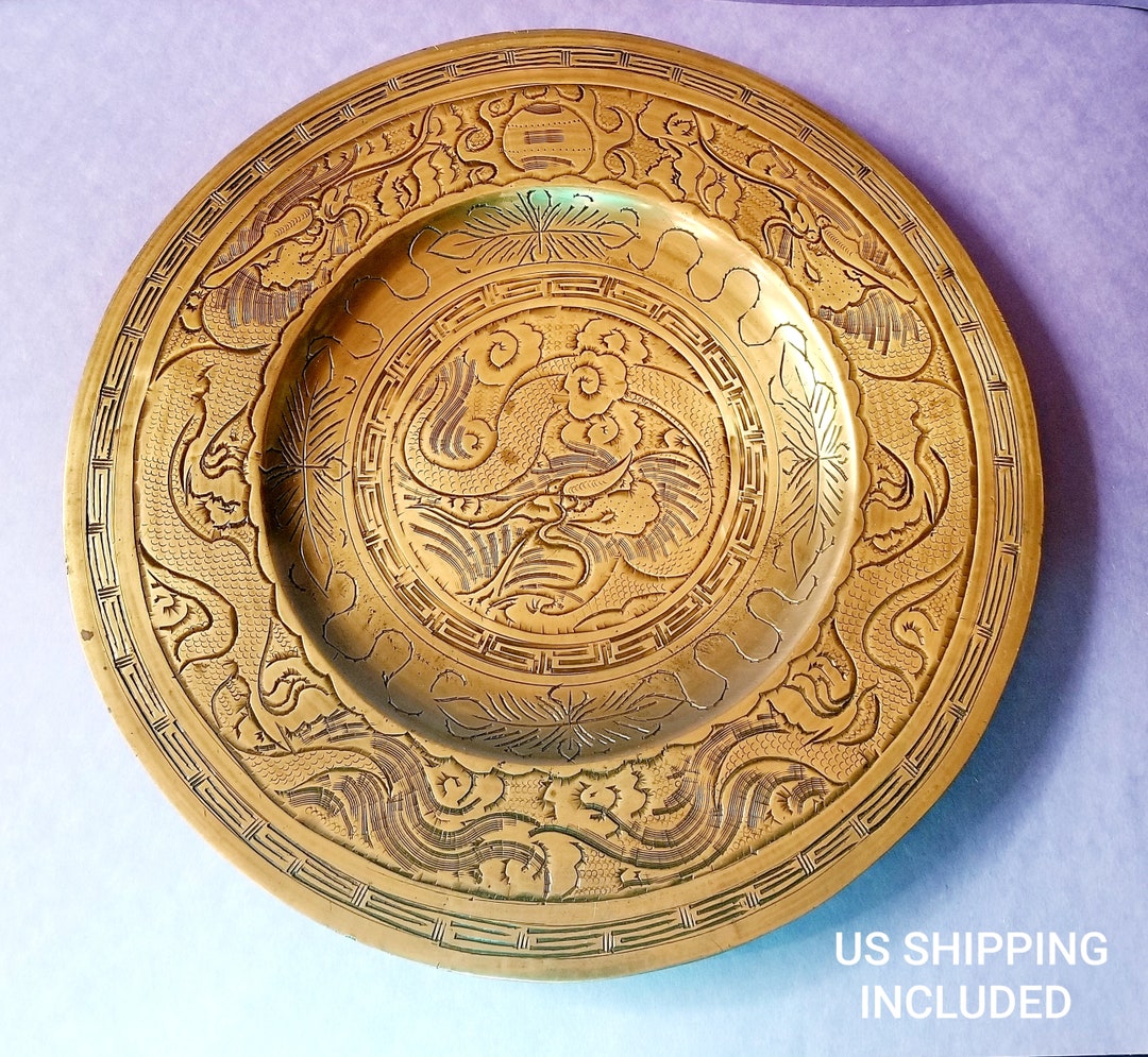 Vintage Chinese Engraved Brass Plate Dragon Design Hand Engraved FREE ...
