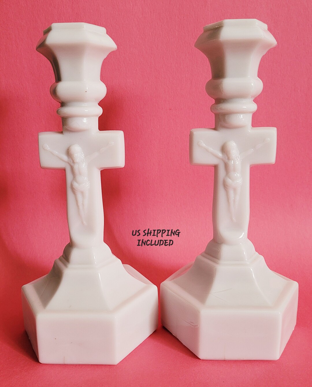 Pair of Candlesticks Crucifix Gillinder & Sons EAPG Early American ...