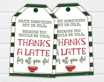 Thanks a Latte, Coffee Favor Tag, Coffee Gift, Valentine's Day Gift for ...