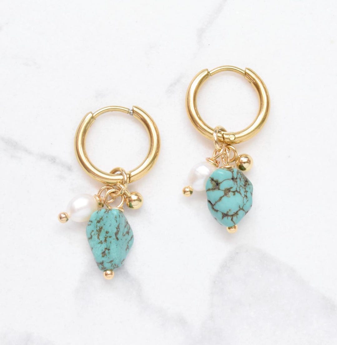 Turquoise Nugget Hoops | Stainless Steel Earrings With Raw Stone Charms ...