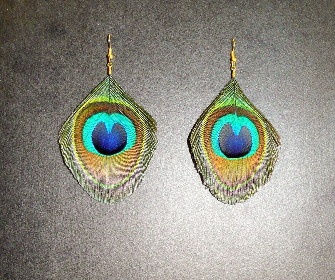 Peacock Feather Earrings Gold Or Silver Plated Iridescent Blue Etsy