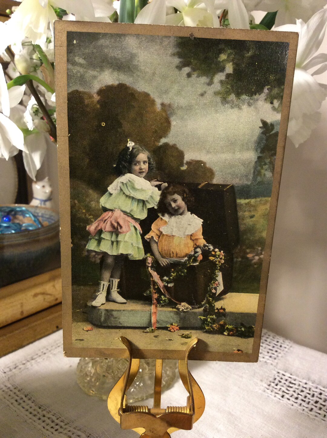 Little Girls Postcard, Buttons, Lace, Bows, Flower Swags, Hand Tinted ...