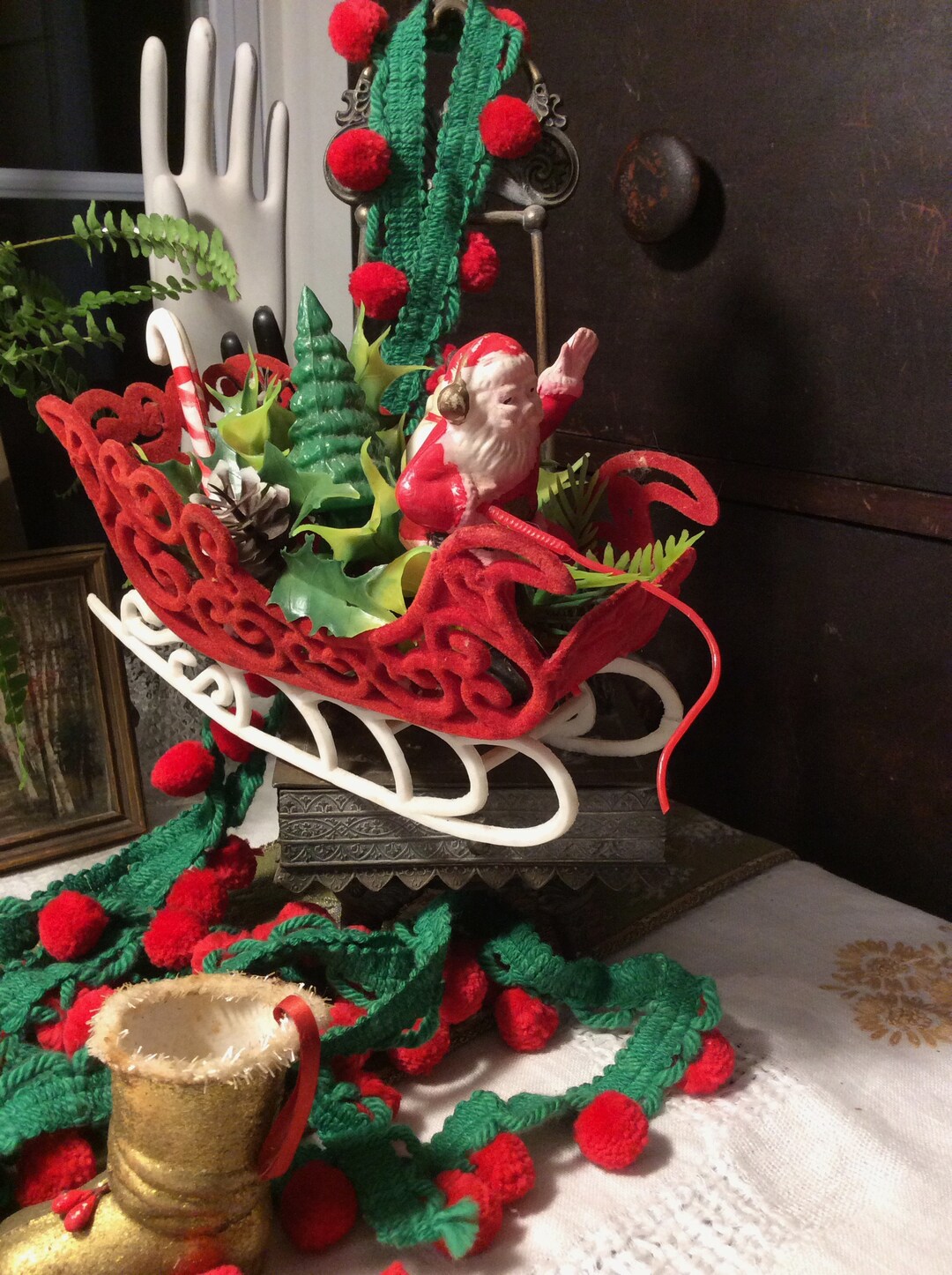 Vintage Santa Sleigh Christmas Decor Lot, Candy Container, Pom Pom Trim ...