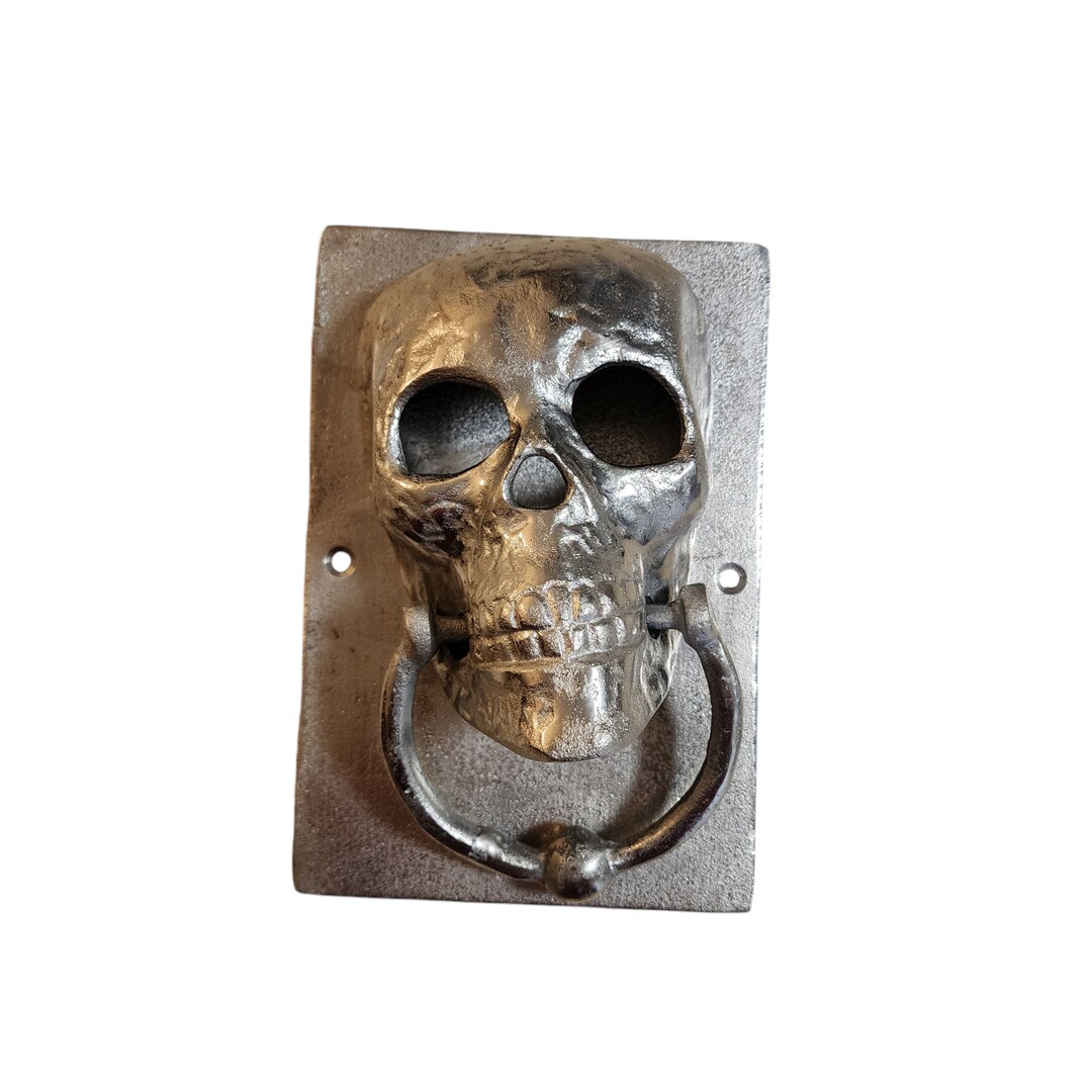 Chrome Skull Head Door Bell Knocker Cast Iron Gothic Halloween Home ...