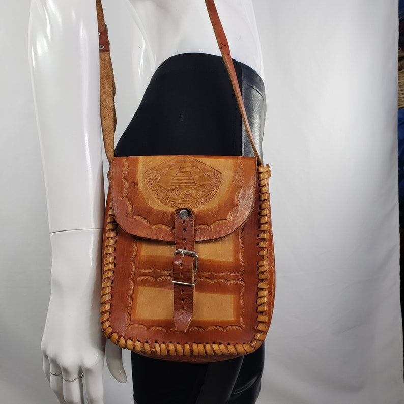 Vintage Tan Leather Tooled Shoulder Bag - Etsy