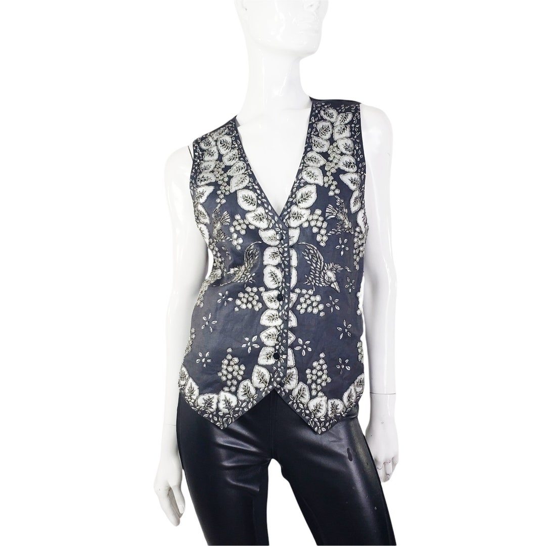 Vintage Bali Gem Black Vest With Silver Beading M - Etsy