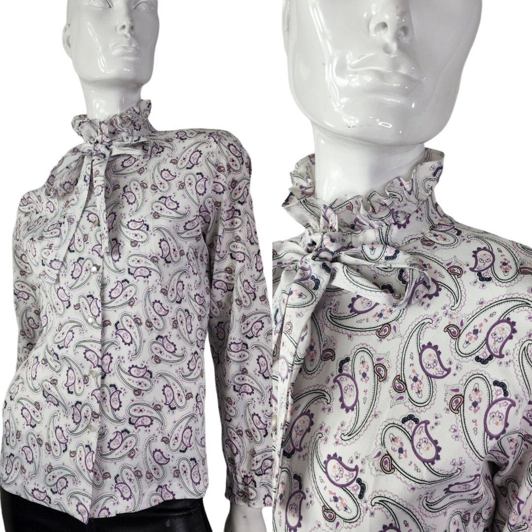 Vintage Rhoda Lee Pussy Bow Purple Paisley Blouse Medium - Etsy