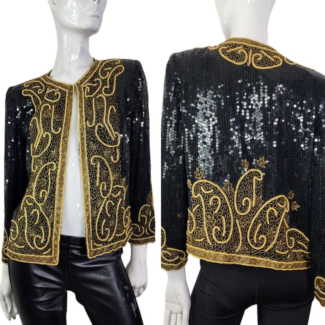 Vintage 90s Candlelight Blackand Gold Beaded Jacket Small - Etsy