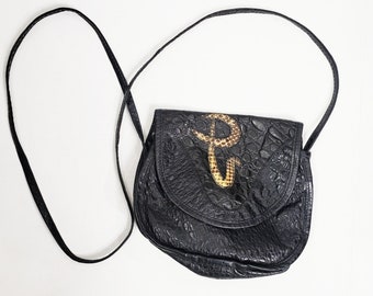Minimalist Black Snakeskin Shoulder Bag With Gold Hardware / - Etsy