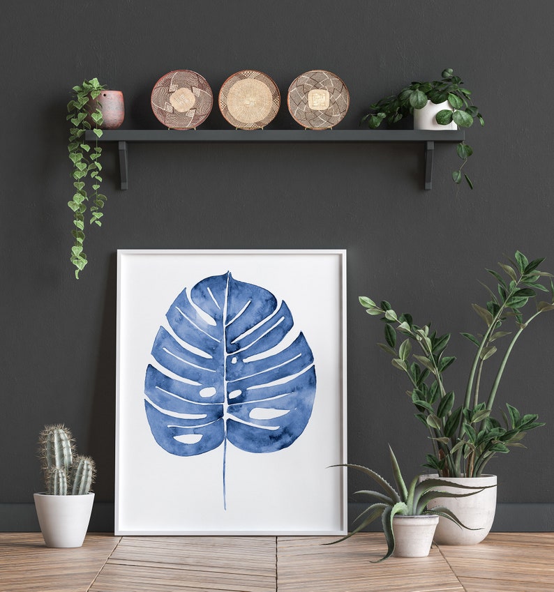 Blue Watercolor Monstera Leaf Print, Botanical Watercolor, Blue Home ...