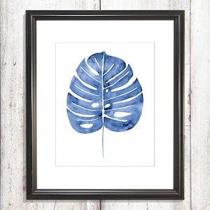 Blue Watercolor Monstera Leaf Print, Botanical Watercolor, Blue Home ...
