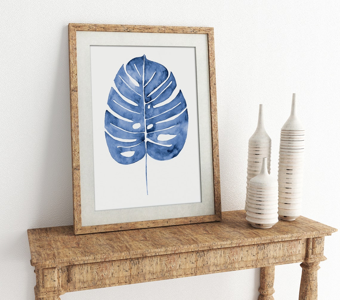 Blue Watercolor Monstera Leaf Print, Botanical Watercolor, Blue Home ...