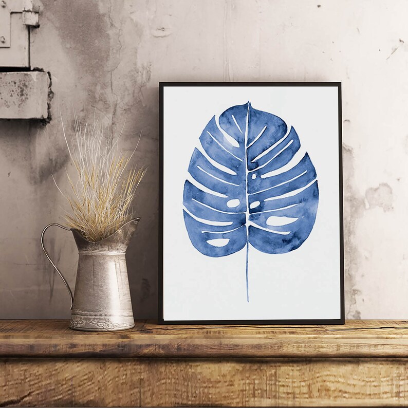 Blue Watercolor Monstera Leaf Print, Botanical Watercolor, Blue Home ...