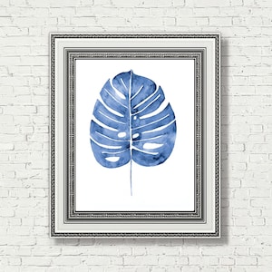 Blue Watercolor Monstera Leaf Print, Botanical Watercolor, Blue Home ...
