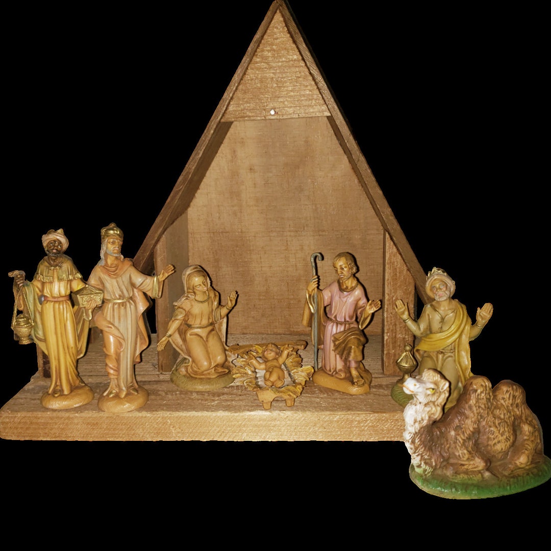 Vintage 9 Pc Fontanini Nativity Set Wood Stable Creche Depose Italy ...
