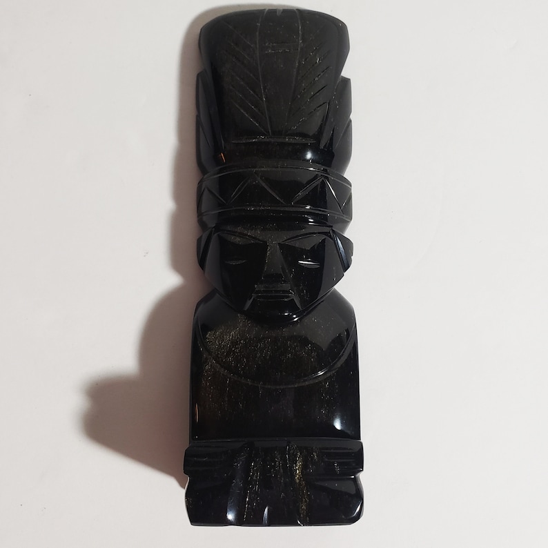 Black Obsidian Gold Sheen MCM Hand Carved Aztec Mayan Lava Stone Statue ...