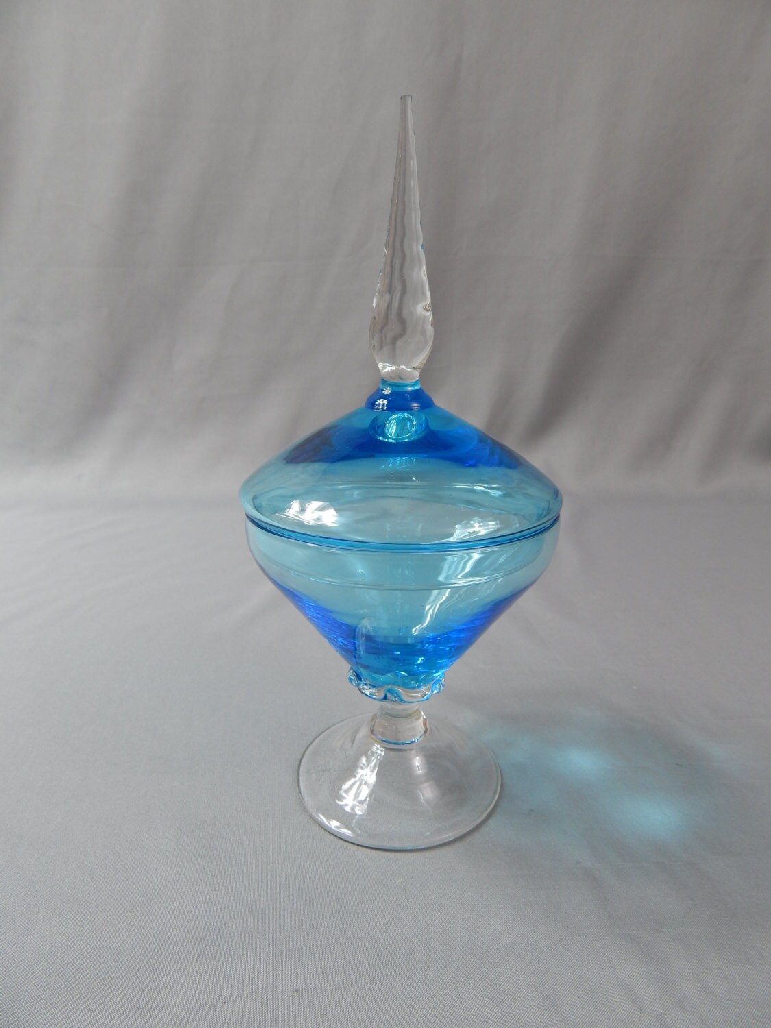 Outstanding Glass Pedestal Lidded Candy Jar, Turquoise Blue, Pontil ...