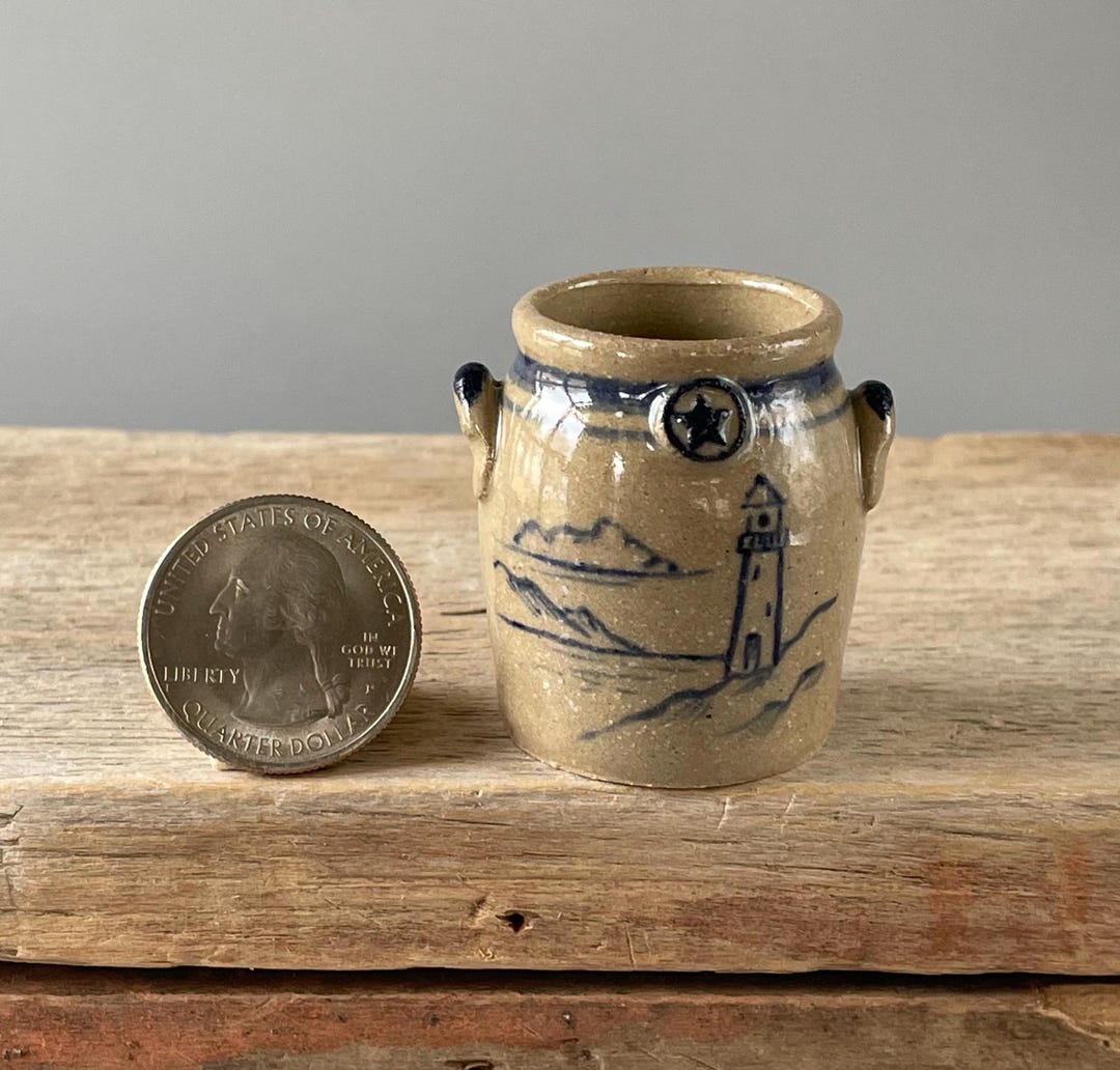 Handmade, Miniature Antique Replica Stoneware Pottery Crock-cobalt Blue ...