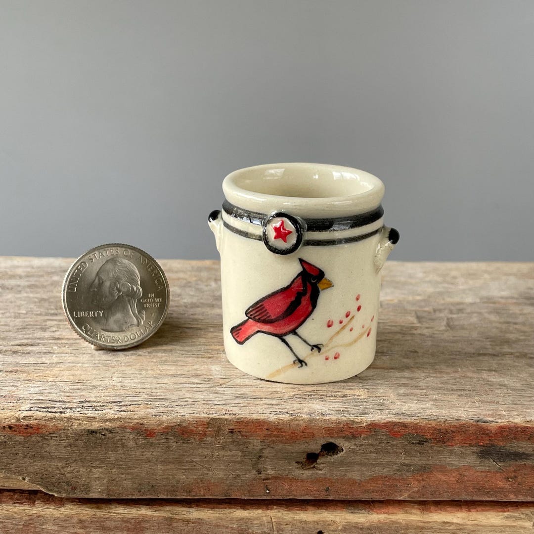 Handmade, Miniature Stoneware Pottery Crock-red Cardinal With Lug ...