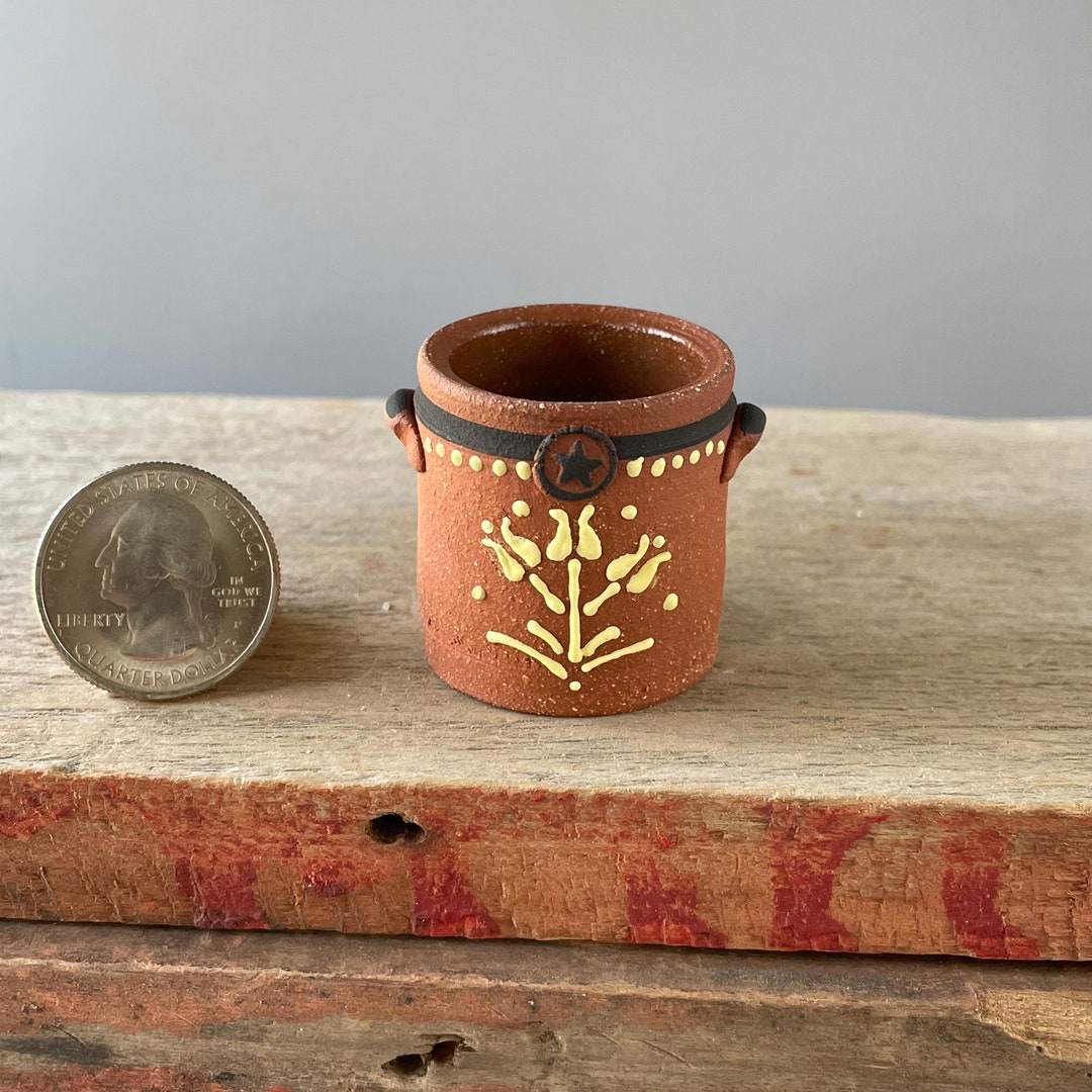 Miniature Slipware Crock, Early American, Primitive Stylized Tulips on ...