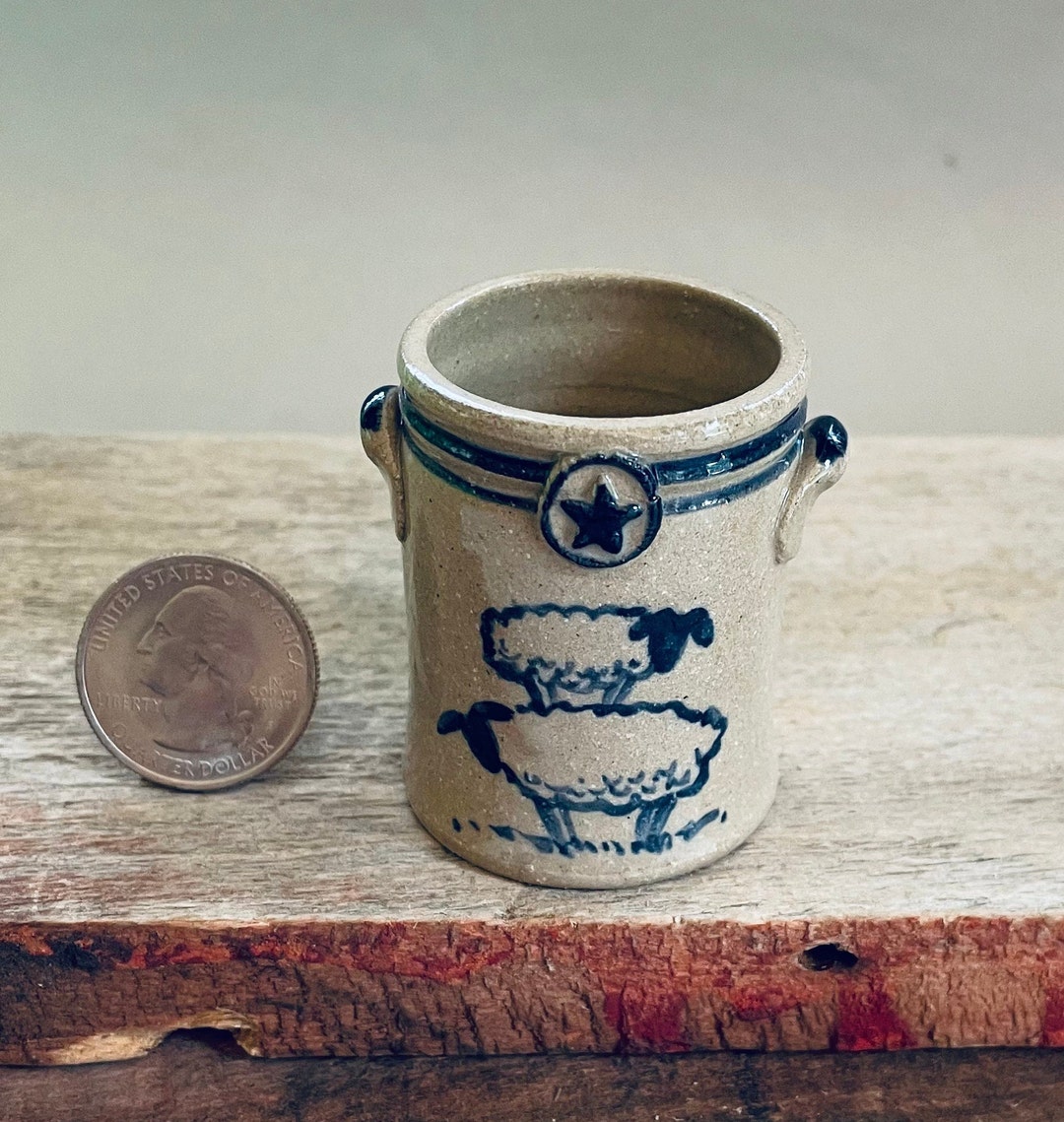 Handmade, Miniature Antique Replica Stoneware Pottery Crock-cobalt Blue ...