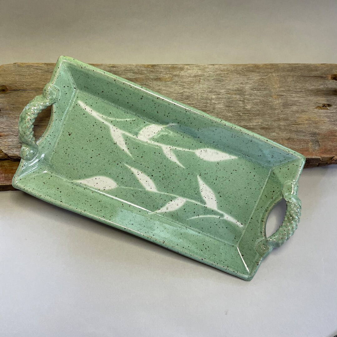 10" Stoneware Tray in Waxed Resist in White and Green Celadon Glaze ...