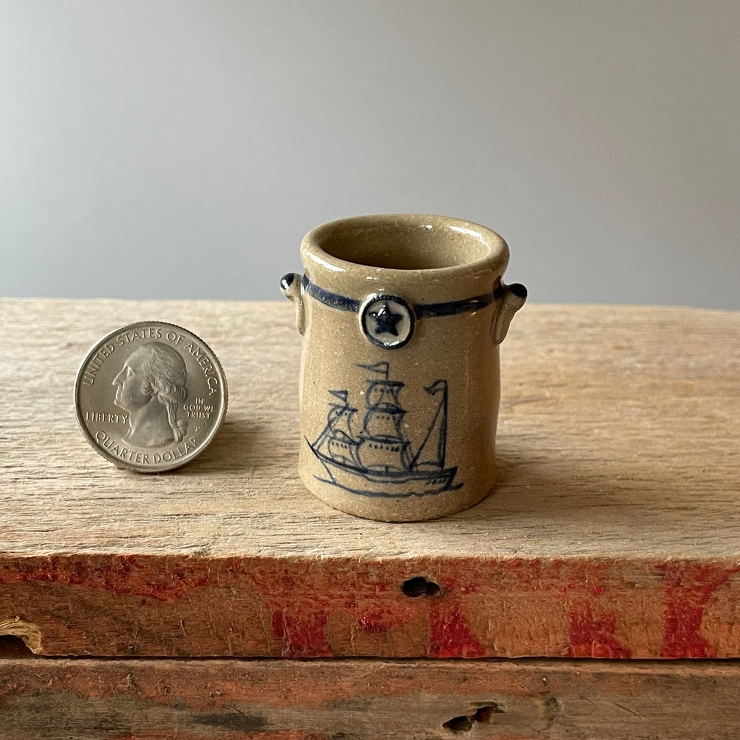 Handmade, Miniature Antique Replica Stoneware Pottery Crock-cobalt Blue ...