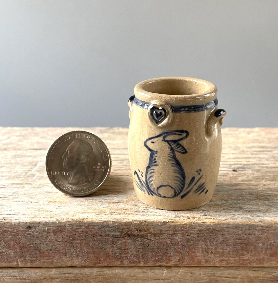 Handmade, Miniature Antique Replica Stoneware Pottery Crock-cobalt Blue ...
