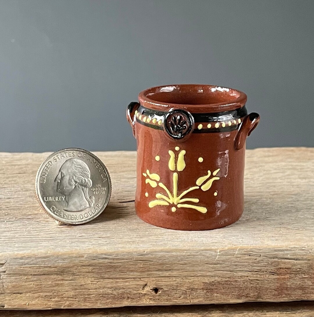 Miniature, Traditional Redware Earthenware Crock Jug With Primitive ...