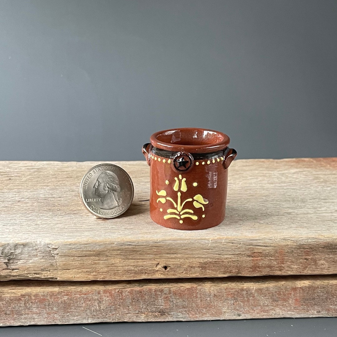 Miniature, Traditional Redware Earthenware Crock Jug With Primitive ...