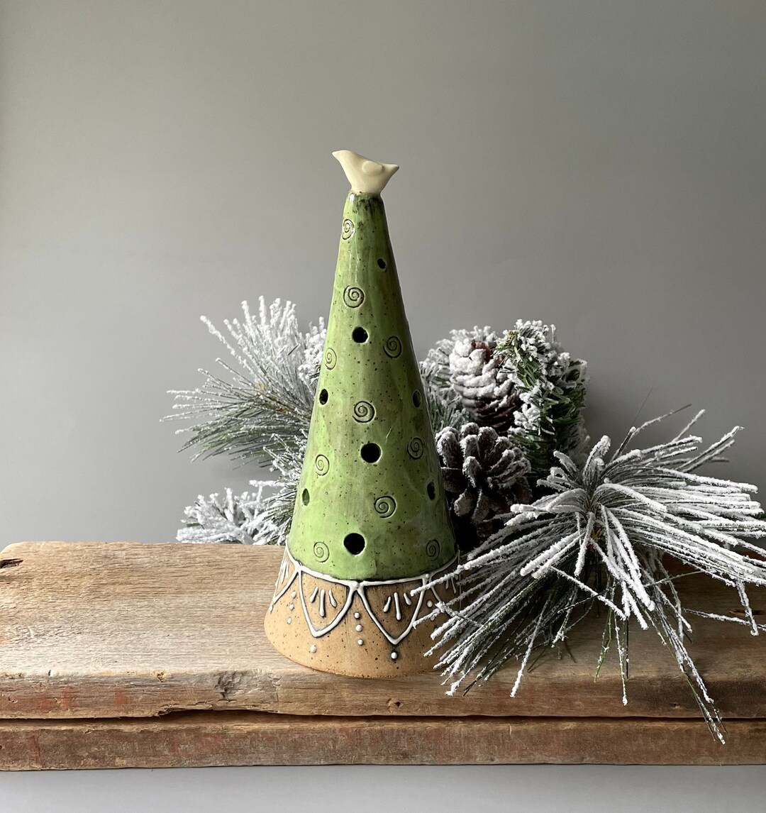 Handmade 7 1/2" Holiday Pottery Tree Luminary in Sea Grass Green Finish ...
