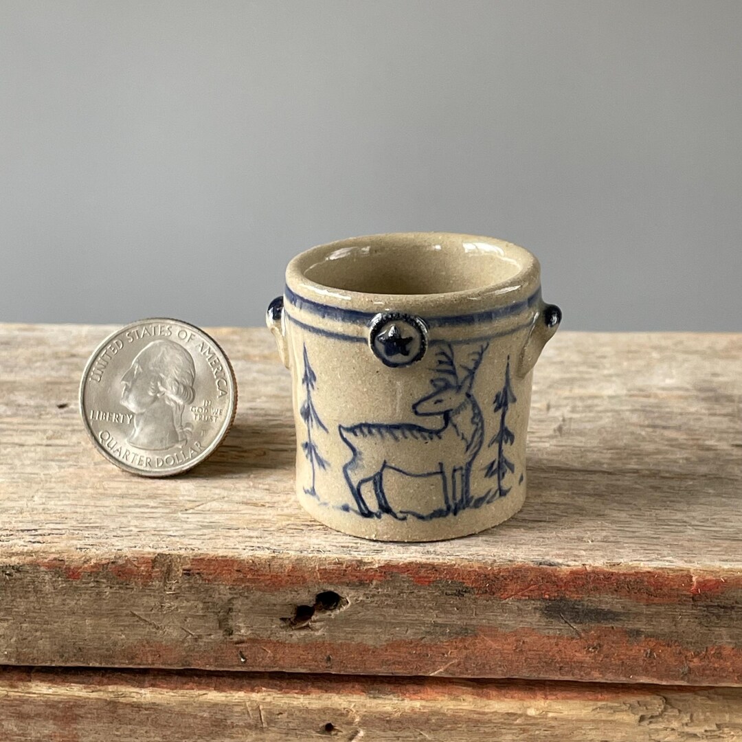 Handmade, Miniature Antique Replica Stoneware Pottery Crock-cobalt Blue ...