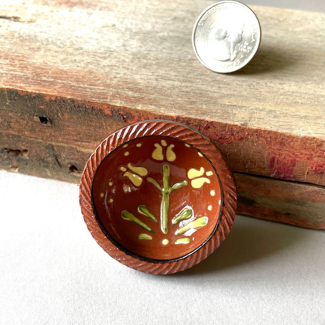 Miniature, Traditional Redware Earthenware Bowl With Slip Trailed Tulip ...
